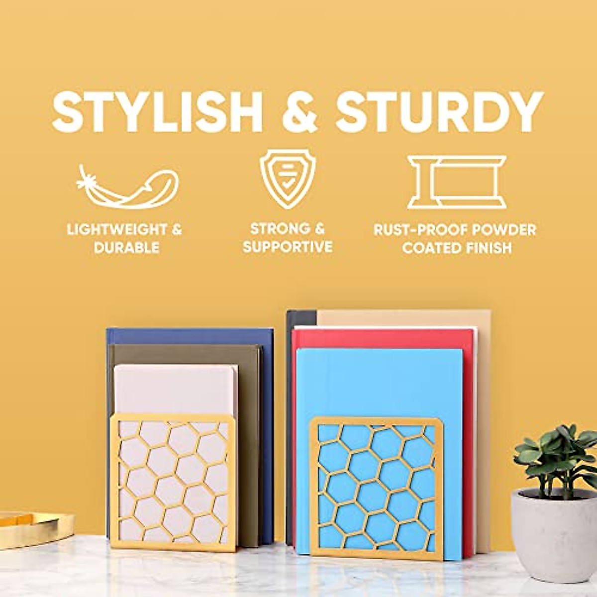Premium Geometric Gold Honeycomb Bookends for Shelves, Metal Book Ends for Office, L-Shaped Book Stopper, Rustproof Bookends Decorative Unique for Home, 6.25 (L) x 6 (W) inches, 1 Pair - Geomod