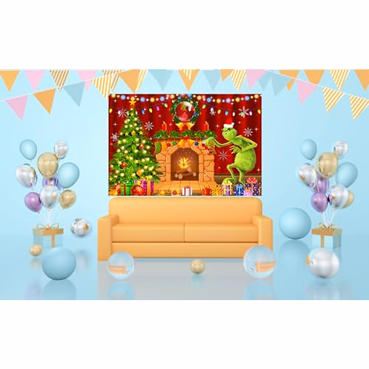 Cartoon Fireplace Backdrop for Christmas Party Supplies 5x3ft Grinch Xmas Photo Background Merry Christmas Photography Backdrop Grinchmas Banner