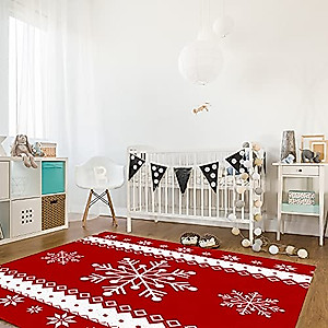 Christmas Area Rugs Living Room Floor Mat Chrsitmas Snowflake Winter Snow Red Background Collection Non-Slip and Washable Carpets for Indoor Bedroom Kids Room Home Decor, 2x3 Feet