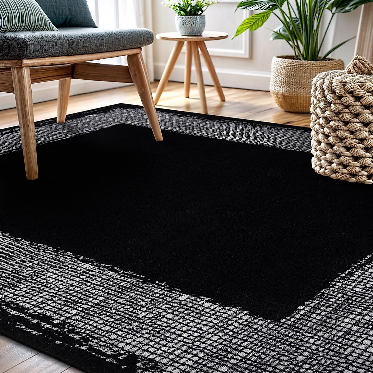 CAMILSON Modern Area Rug 5x7 Black Rugs Solid Color Bordered Design for Living Room Bedroom Easy-Cleaning Non-Shedding Indoor Carpet Alfombras para Salas Modernas (5 x 7 Black and Cream)
