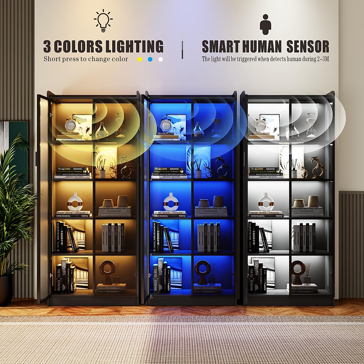 Display Cabinet with Doors and Adjustable Shelves, 65" Tall Bookcase with LED Lights/Human Sensor, 5 Tier Display Case for Collectibles Bedroom Living Room Office, Black - Smoked Black Door