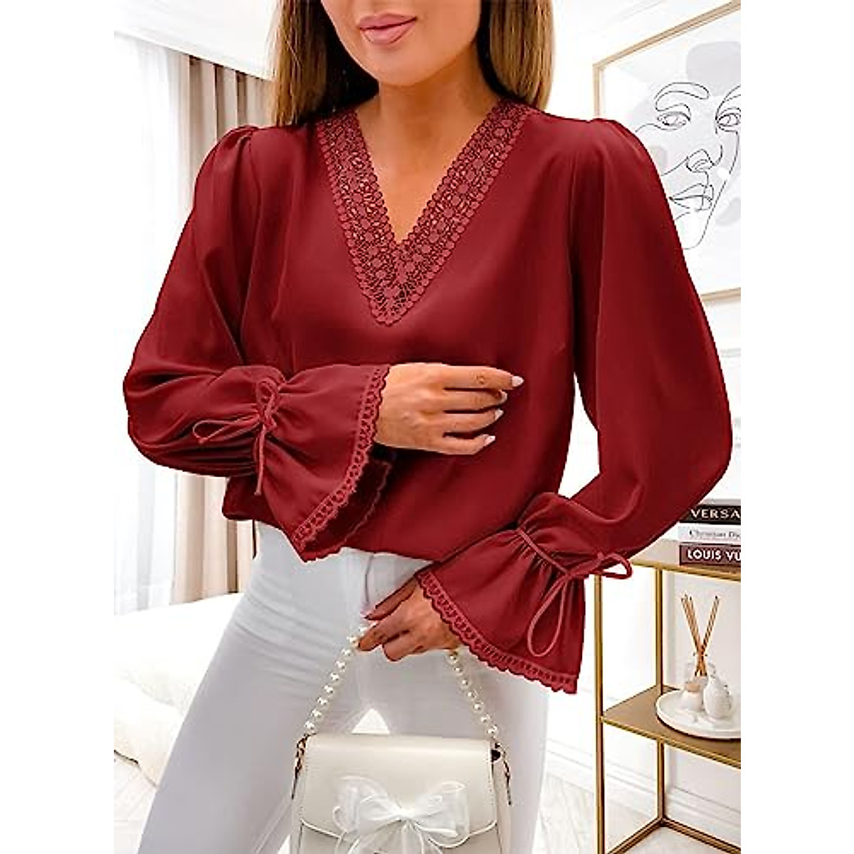 Dokotoo Fall Blouses for Women Long Sleeve Shirts Lace Trim V Neck Chiffon Solid Color Tunic Tops Loose Fit Stylish Burgundy Tops Casual Spring Summer Flowy Work Shirts Large
