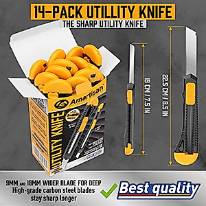 Amartisan 14-Piece Retractable Box Cutter, Utility Knifes for Boxes, Cartons, Cardboard Cutting, 18mm & 9mm Wide Blade Cutter, Very Suitable for Office and Home Use.
