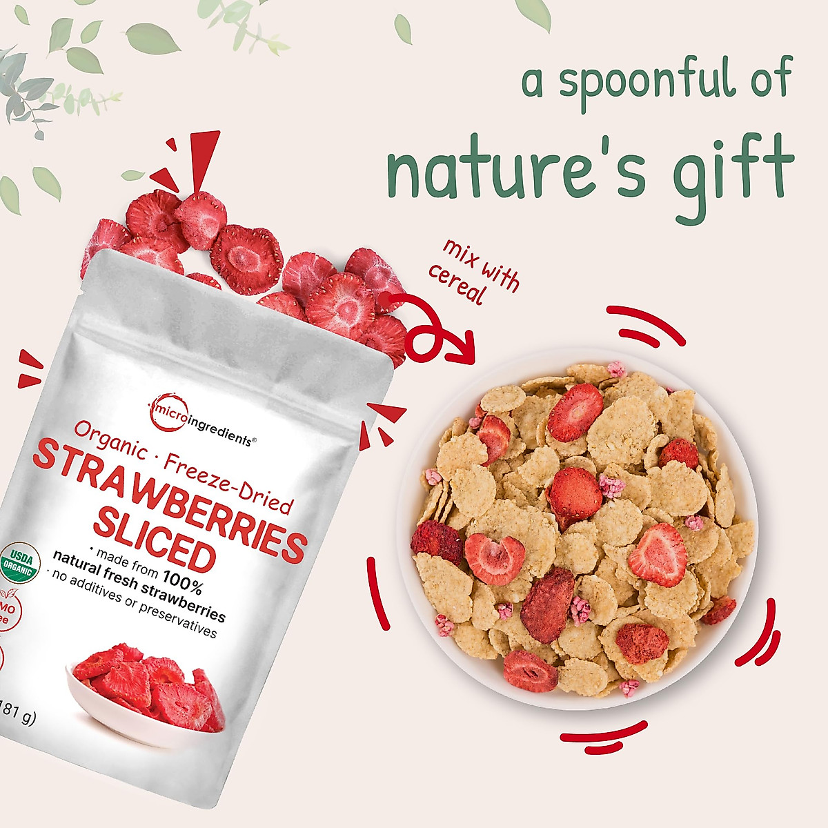 Micro Ingredients Organic Strawberries Sliced, 6.4oz | 100% Natural Fruit | Freeze Dried Strawberry Source | No Sugar & Additives | Healthy Snack & Topping for Beverages or Recipes | Non-GMO, Vegan