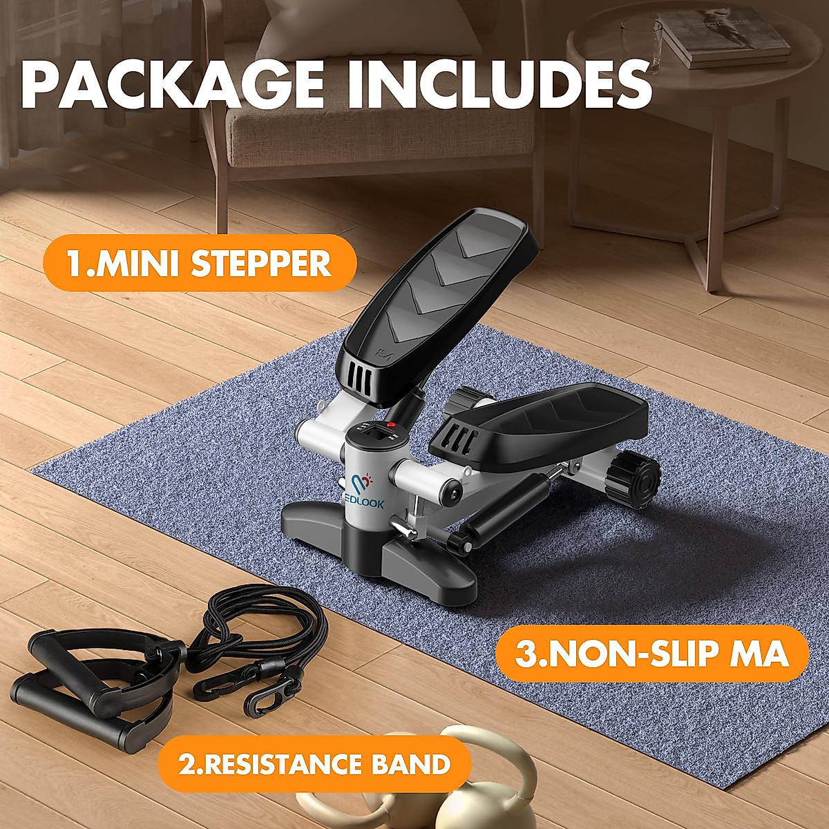 Mini Mute The Sound Stair Stepper,300LBS Loading Capacity, with LCD Monitor Floor mat Resistance Rope Hydraulic Fitness Stepper for Home Desk or Office Workouts-Black & White