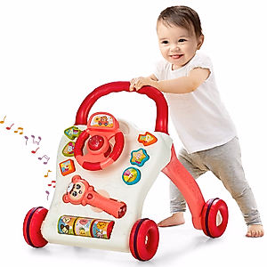 BABY JOY Sit to Stand Learning Walker, Baby Push Walker with Projector & Play Panel, Kids Early Education Activity Center with Lights & Sounds, Musical Walking Toys Gift for Toddler Boys Girls (Red)