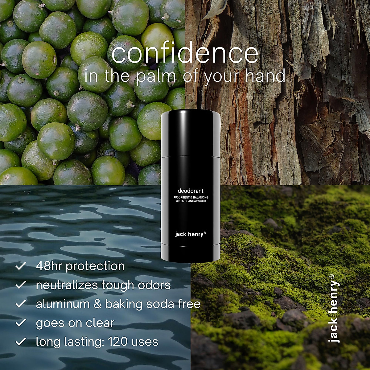 Jack Henry Natural Deodorant - Long Lasting Sandalwood & Pink Pepper - Aluminum Free Deodorant w/ 48-Hour Odor Protection - Creamy Shea Butter & Refreshing Citrus Scent - Deodorant for Men & Women