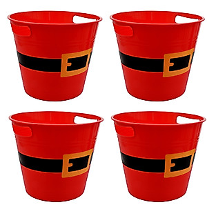 LLE Plastic Buckets with Handles, Red Santa Belt Round Basket, Multi-Purpose Container Decorative Home Kitchen Candy Bars Vase Toy Baskets for Christmas Winter Holiday Party Supplies Set of 4