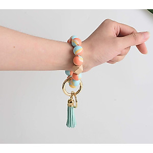 Coolcos Silicone Key Ring Bracelet for Women Portable Keychain Holder, Car Keychain Elastic Beaded Wristlet with Tassel (rainbow colorful)