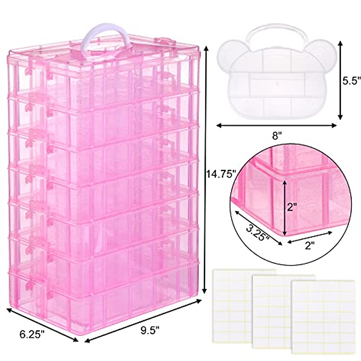 Quefe 7-Tier Pink Stackable Storage Container, 70 Adjustable Compartments Craft Organizers and Storage Box with Handle for Kids Toys, Art Crafts, Jewelry, Supplies, Fuse Beads, Washi Tapes