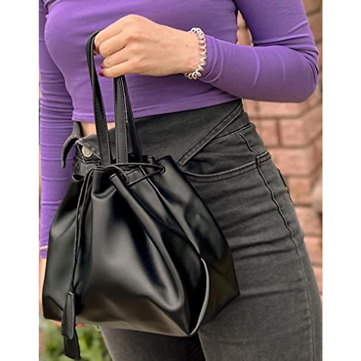 TIJN Crossbody Bag for Women Drawstring Bucket Bag Shoulder Top-Handle Bag Soft Vegan Leather Tote Bag (Aria)