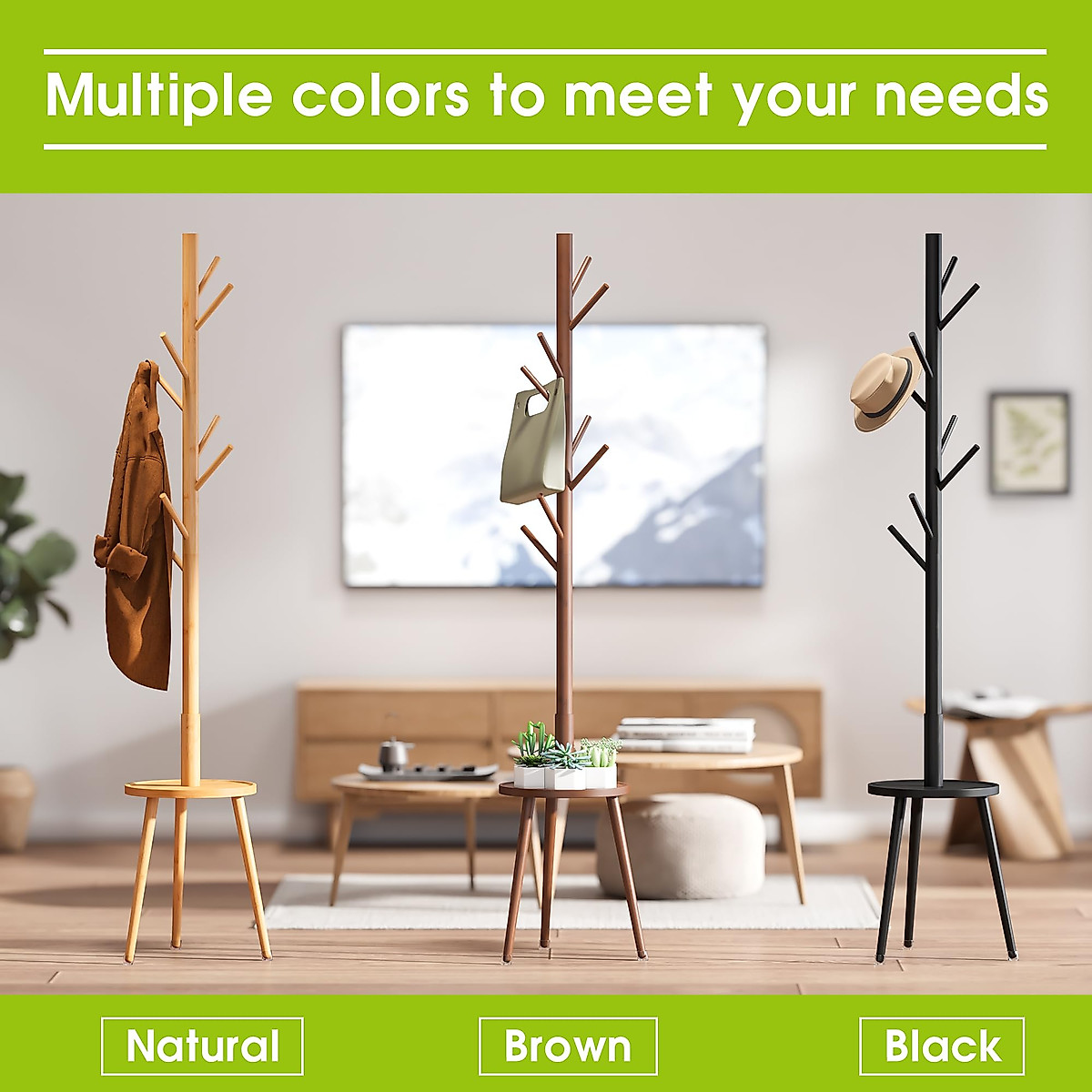 BMOSU Coat Rack freestanding Stand with Shelf Bamboo Wooden Coat Tree Easy Assembly 8 Hooks Standing Jackets Hanger Hallway Office Floor Coat Stand Black