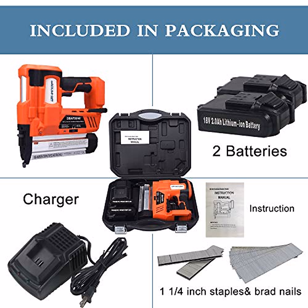 BHTOP Cordless Nailer & Stapler- 2 in 1 18Ga Heavy Tool with 18Volt 2Ah Lithium-ion Rechargeable Battery Air Cylinder Power Nail Gun 2 Batteries
