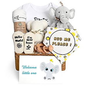 Baby Shower Gifts, Neutral Baby Gift Baskets Woven Gift Box Muslin Swaddle Blankets Babies Lovey Toy Rattle Socks Bibs Onesies Infant Gift Essentials, Newborn Baby Gifts for Girls Boys