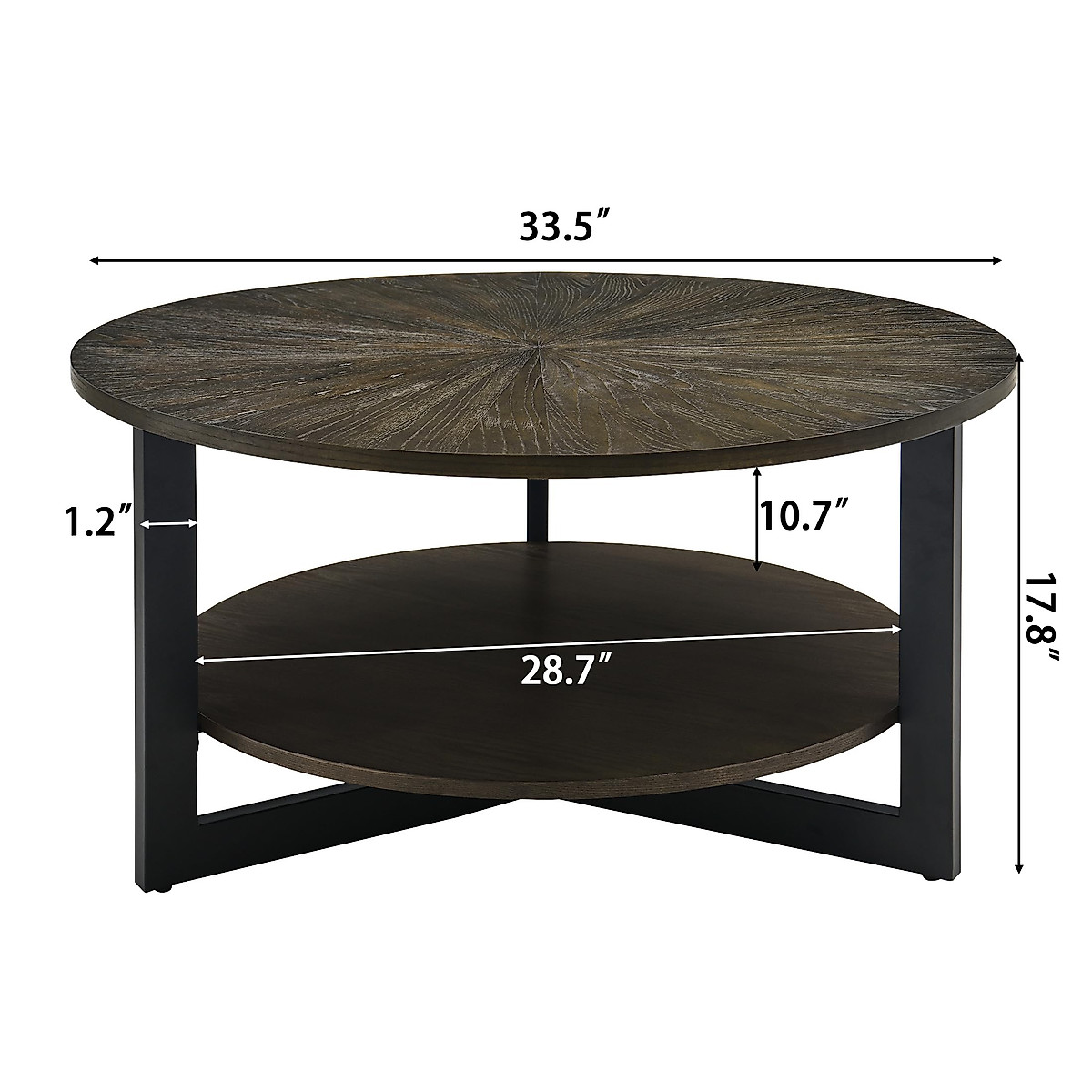 MODERION Round Coffee Table with Storage Shelf, Farmhouse Living Room Cocktail Table with Black Metal Legs, Circular Solid Wood Center Tea/ Sofa Table, 35.3''Dx17.8''H, Brushed Black KFZ1338BK
