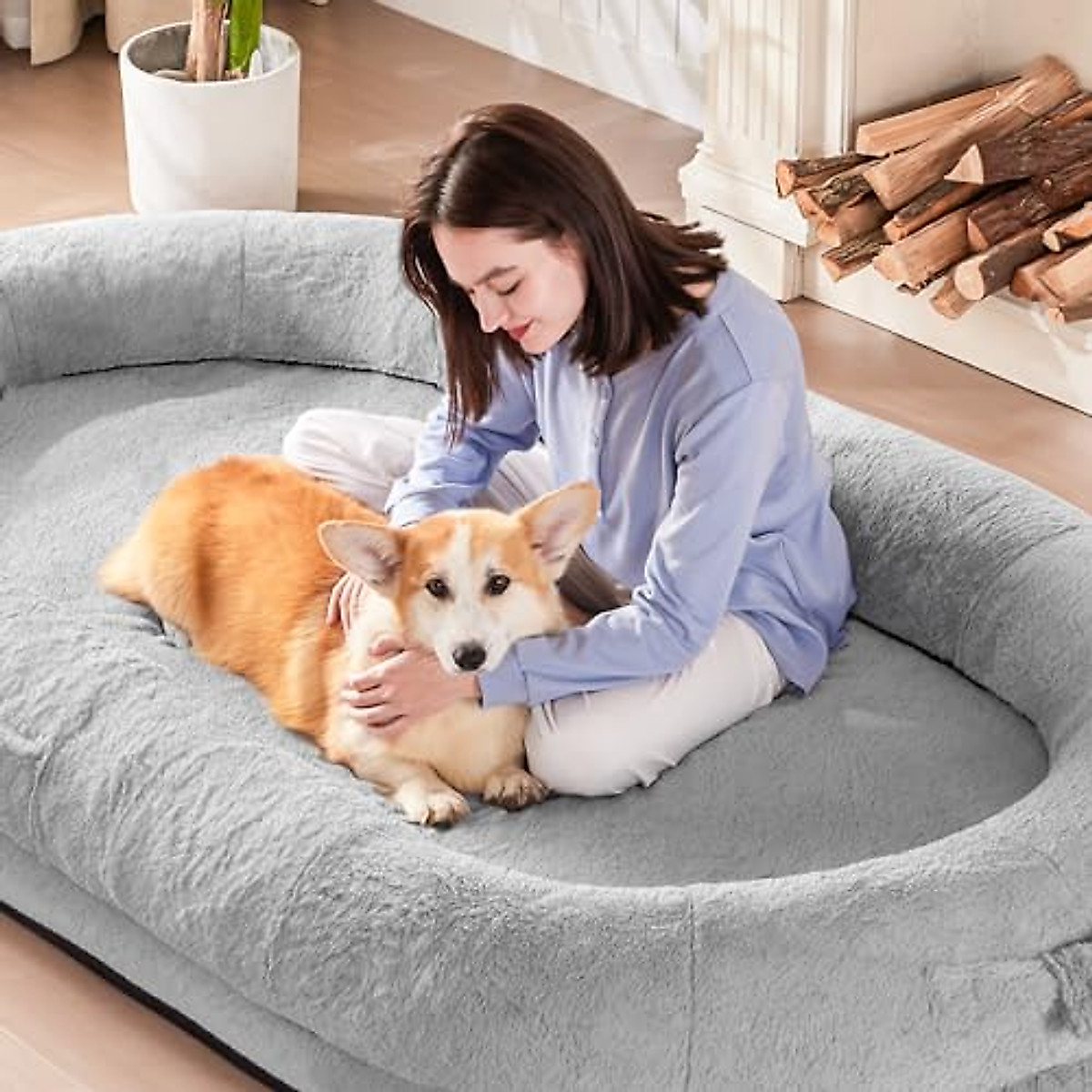 Human Dog Bed for People Adults, Giant Bean Bag Bed with Blanket 72"x48"x10", Washable Faux Fur Nap Bed Adult Oval for People, Families, Pets Removable Large Memory Foam Human Sized Dog Bed Grey