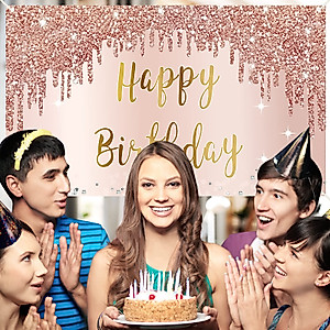 Rose Gold Happy Birthday Banner Backdrop Decorations for Girls Women, Pink Happy Birthday Theme Party Sign Supplies, Large 16th 21st 30th 40th 50th Birthday Poster Background Photo Booth Props Decor