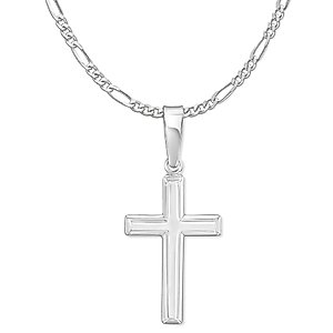 Silver Shoppe Jewelry Solid Sterling Silver Cross Necklace with 2mm Italian Figaro Chain For Women - 18