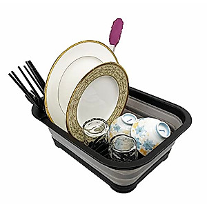 SAMMART 7.3L (1.9 Gallon) Collapsible Dish Drainer with Drainer Board - Foldable Drying Rack Set - Portable Dinnerware Organizer - Space Saving Kitchen Storage Tray (Black/Alloy Grey)