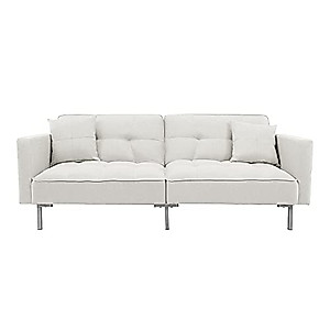 P PURLOVE Linen Upholstered Modern Sofa Bed with Armrest, Sofa with Adjustable Backrest, Convertible Folding Futon Sofa Bed with Sturdy Metal Legs, for Living Room, Bedroom, Office, White