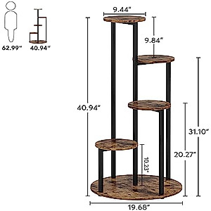LITTLE TREE 5-Tier Corner Plant Stand, Free Standing Wood Metal Flower Rack Pot Shelf Display with Round Board, Garden Patio Balcony Plant Holder for Indoor Outdoor Living Room, Bedroom, Rustic Brown