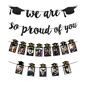 2 PCS 2022 Graduation Photo Banner Black Glittery Congrats Grad We are So Proud of You Garland Graduation Party Decorations Supplies