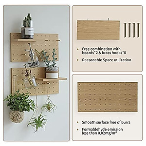 XAOHOME Wooden Pegboard, Sturdy Peg Board for Walls Modular Grid Organizer, DIY Storage and Display Panels with Shelves and Brass Hooks(Yellow)