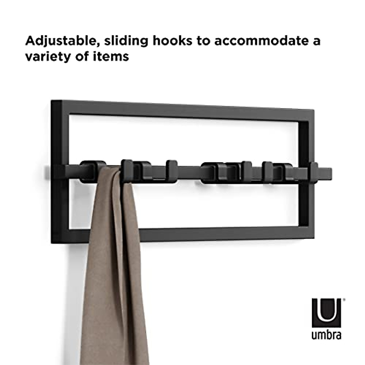 Umbra Cubiko Wall Mounted Modern, Sleek, Space-Saving Hanger with Retractable Hooks to Hang Coats, Scarves, Purses and More, 5, Black