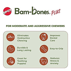 SPOT Bam-Bones Plus Dental Chew Bone - Bamboo Fiber & Nylon with a Massaging Rubber Center, Durable Long Lasting Oral Care Dog Chew for Aggressive Chewers & Teething Puppies, 6.5in, Bacon Flavor