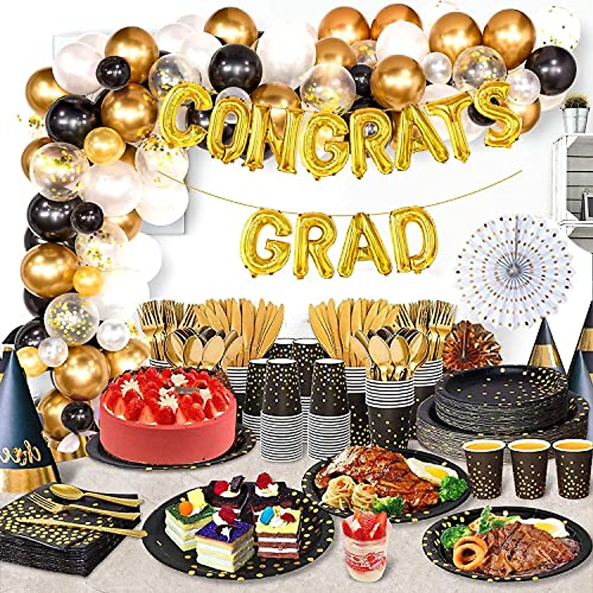 350PCS Black and Gold Party Decorations, 50 Guests 2023 Graduation Party Prom Decorations Gold Plastic Forks Knives Spoons Party Paper Plates Napkins Cups for Party Birthday New Year