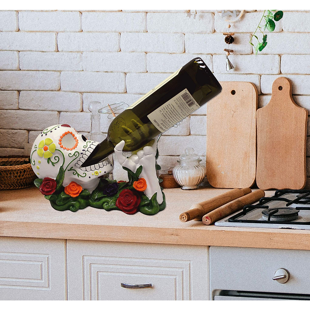 World of Wonders Sugar Skull Day of The Dead Decorative Wine Bottle Holder | Dia de Los Muertos Decorations and Tabletop Halloween Decorations | Skull Decor for Home - 11"