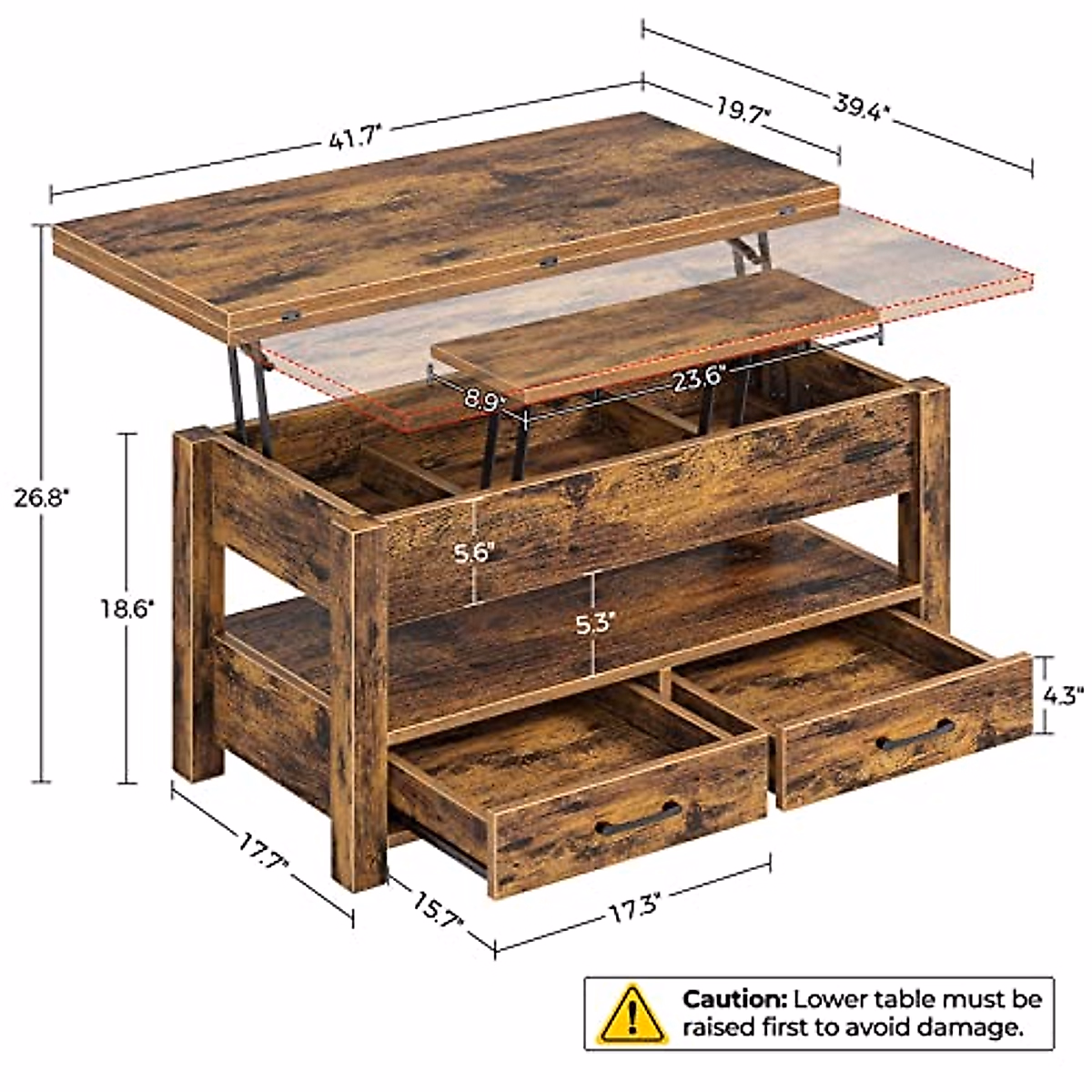 Rolanstar Coffee Table Lift Top, Multi-Function Convertible Coffee Table with Drawers and Hidden Compartment, Coffee Table Converts to Dining Table for Living Room, Home Office, Rustic Brown