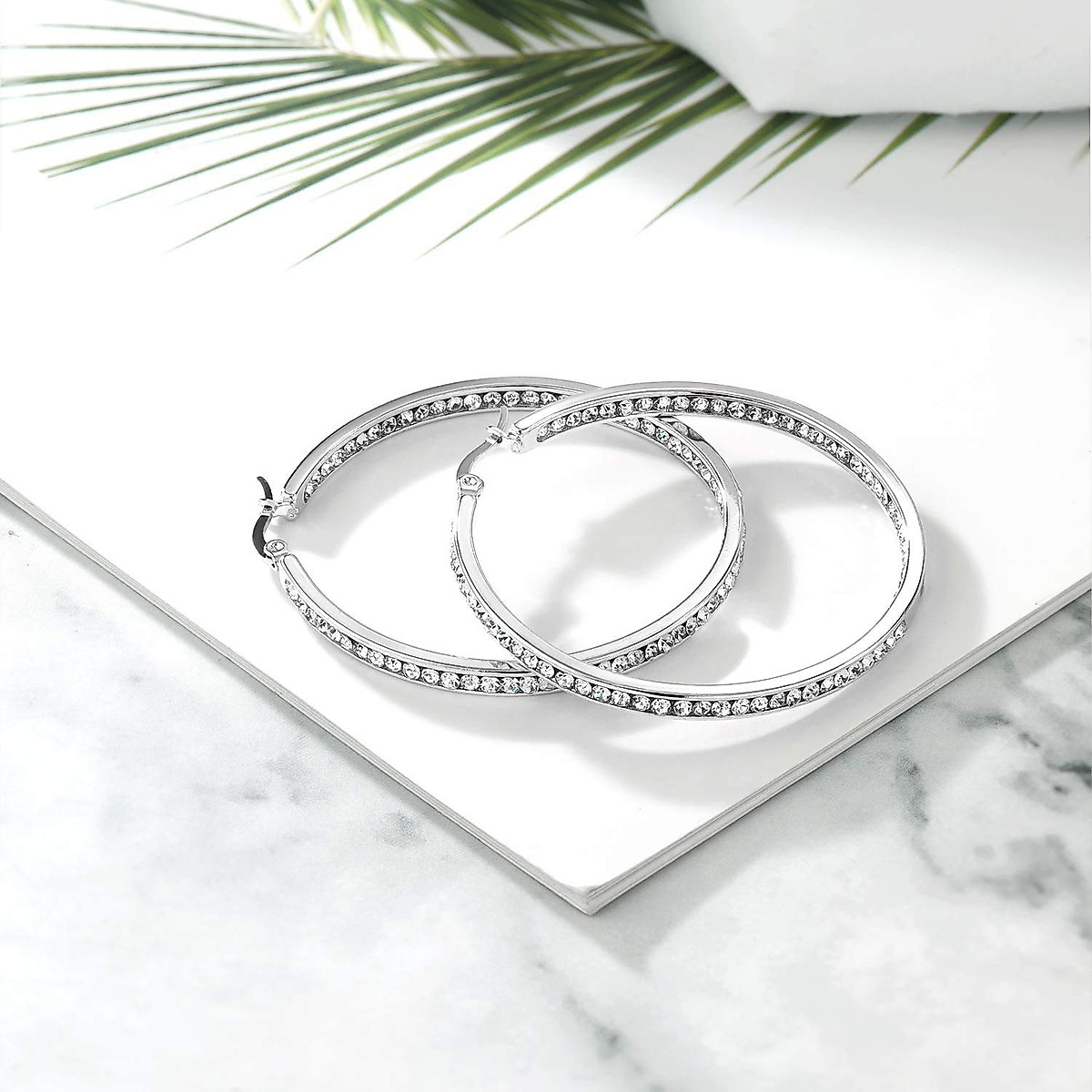 Rnivida Stainless Steel Hoop Earrings Silver Tone Inside-Out Crystal Cz Rhinestone Hoop Earrings for Women 30mm