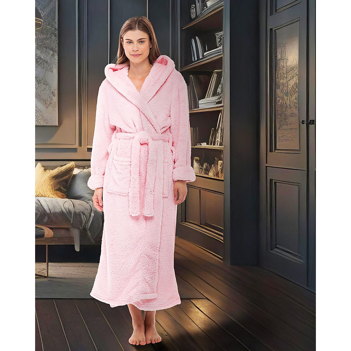 Alexander Del Rossa Womens Fluffy Robe, Fuzzy Robe for Women, Long Hooded Robes for Women, Plus Size Robe Pink Rose Quartz Medium (A0304RSQMD)
