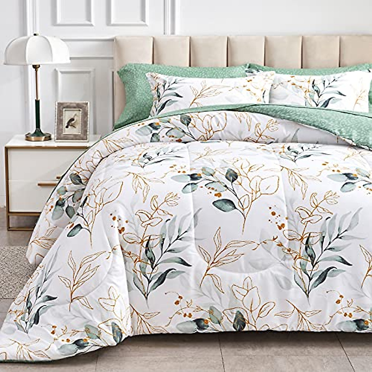 Joyreap 7 Piece Bed in a Bag Queen, Green Leaves Printed on White Botanical Design, Microfiber Comforter Set for All Season (1 Comforter, 2 Pillow Shams, 1 Flat Sheet, 1 Fitted Sheet, 2 Pillowcases)