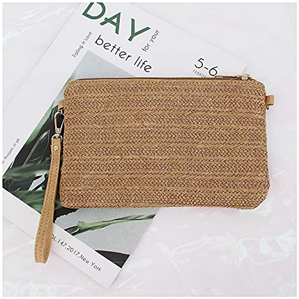 Monanoat Straw Clutch Bag Casual Crossbody Bag Wristlet Clutch Purse Zipper Straw Wallets Envelope Bag