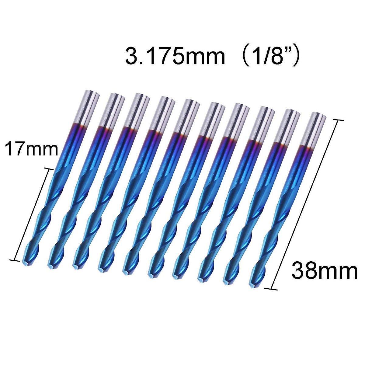 SainSmart Genmitsu 10Pcs Nano Blue Coat Flat Nose End Mill CNC Router Bits, 1/8" Shank Spiral Upcut 2 Flute End Mill Set (3.175 x 17 x 38mm)