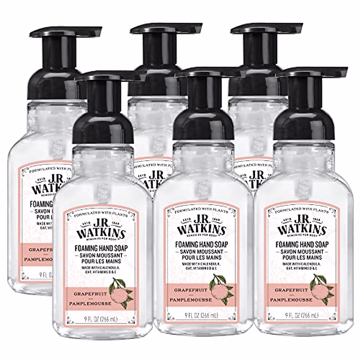 J.R. Watkins Foaming Hand Soap Pump with Dispenser, Moisturizing All Natural Hand Soap Foam, Alcohol-Free, Cruelty-Free, USA Made, Use as Kitchen or Bathroom Soap, Grapefruit, 9 fl oz, 6 Pack