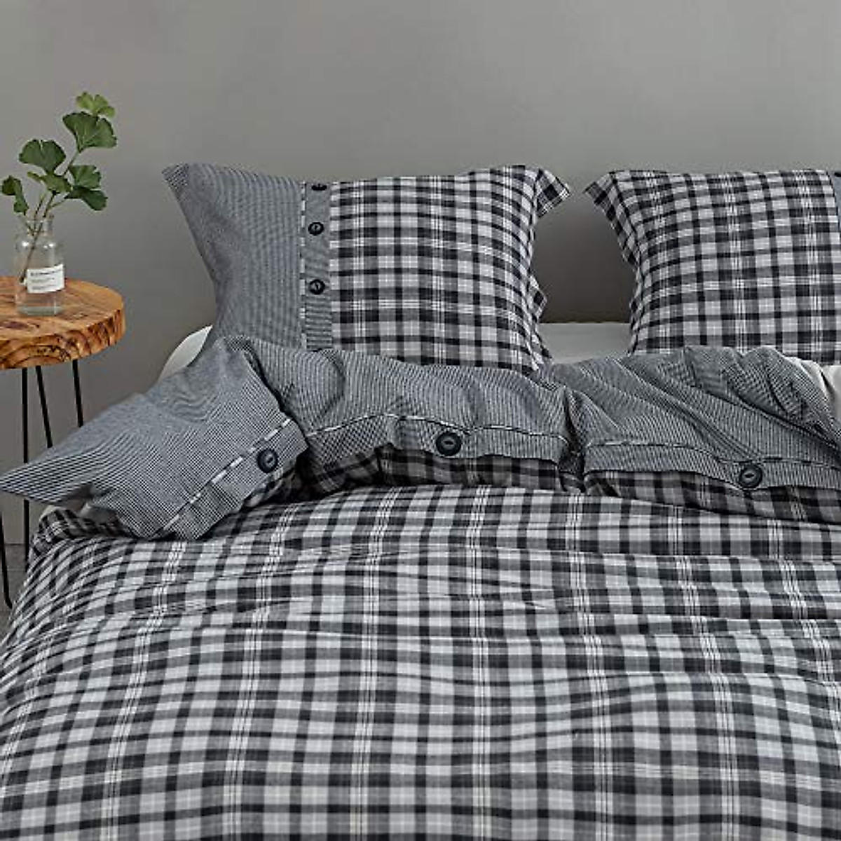 Simple&Opulence 100% Cotton Black and White Buffalo Check Plaid Duvet Cover Set, 3 Pieces Bedding Set Including1 Comforter Cover and 2 Pillow Shams (Queen, Black and White)