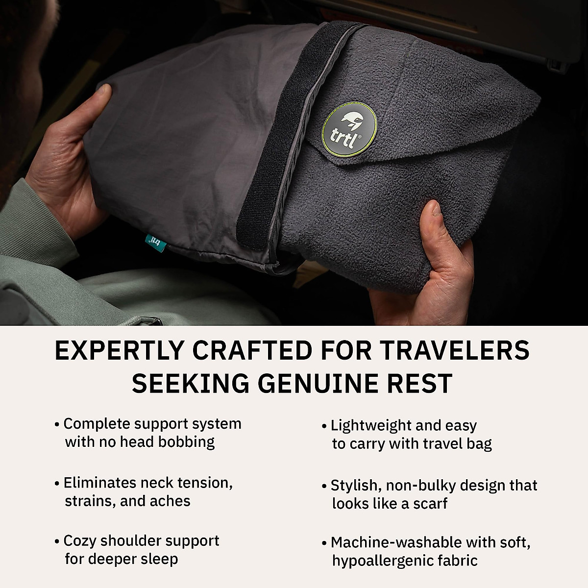 trtl Travel and Airplane Pillow - Real Sleeping Experience on Long Flights - Neck and Shoulder Support - Super-Soft, Lightweight, Easy-to-Carry, and Machine-Washable Flight Pillow - Black