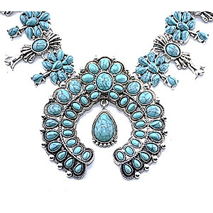 Lovage Bohemian Exaggerate Turquoise Flower Zinc Pendant Necklace Women Jewelry (Blue)