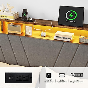 YITAHOME Queen Bed Frame with Storage Headboard, Platform Upholstered Bed with LED Lights & Charging Station, No Box Spring Needed - Brown
