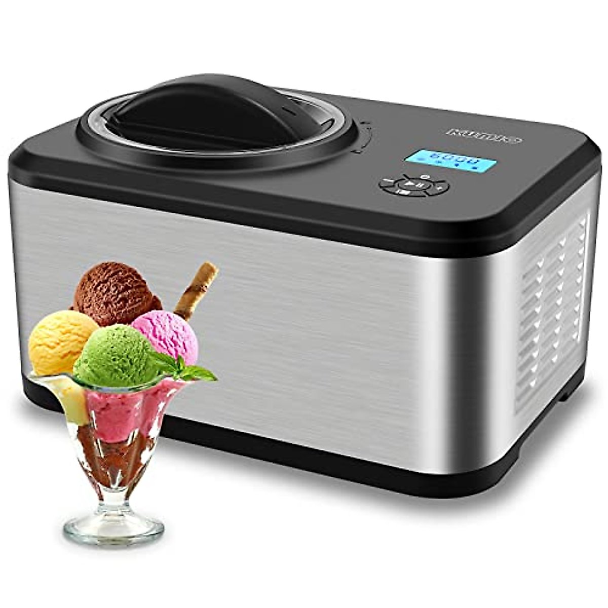 KUMIO 1.5 Quart Ice Cream Maker with Compressor, No Pre-Freezing, 4 Modes Ice Cream Maker Machine with LCD Display, Timer, Automatic Gelato & Yogurt Machine, Stainless Steel