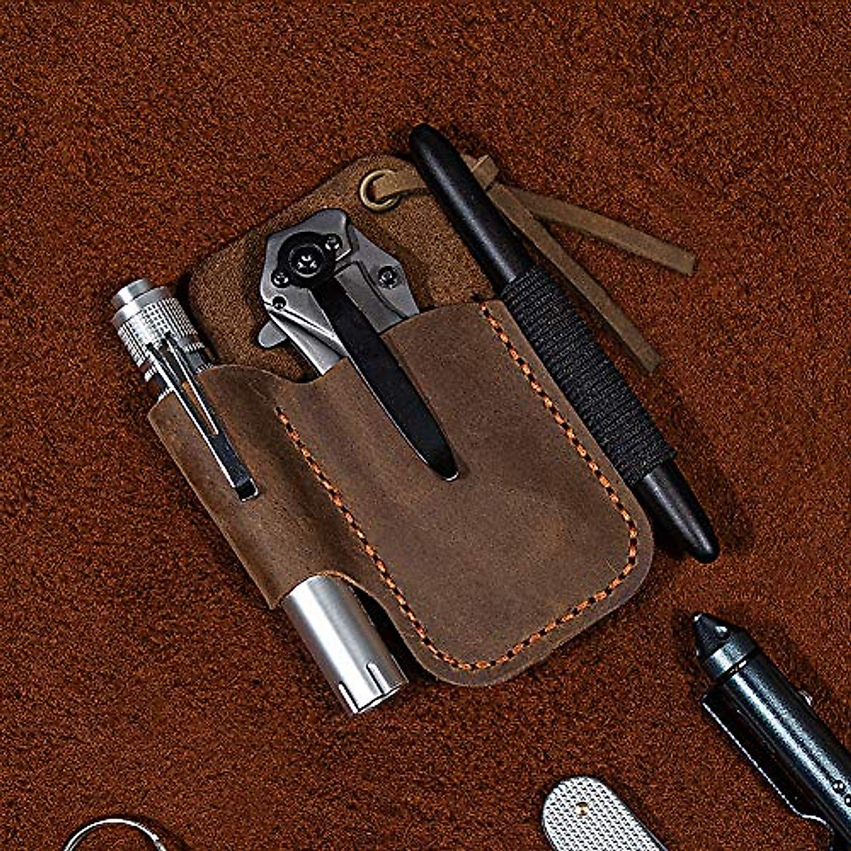 EASYANT Handmade Leather Sheath for Folding Knife Flashlight Organizer EDC Tools Brown