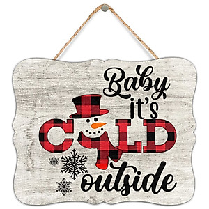 Baby It's Cold Outside Wood Sign Red Black Plaid Snowman Christmas Wooden Sign Christmas Sign Wall Hanging Plaque Holiday Home Decoration for Front Door Garden Porch Bedroom