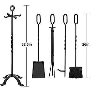 AMAGABELI GARDEN & HOME 5 Pieces Fireplace Tools Set Indoor Wrought Iron Fire Place Pit Large Poker Wood Stove Log Firewood Tongs Holder with Handles Modern Black Outdoor Accessories Kit