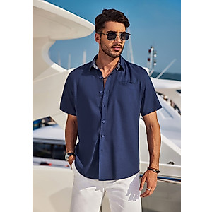 COOFANDY Mens Shirt Linen Casual Button Down Summer Beach Tops, Navy Blue, Large, Short Sleeve