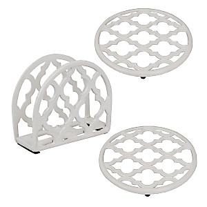 Cast Iron Kitchen Pantry Ware Bundle (3-Piece Set) White | Includes Napkin Holder, 2 Trivets for Hot Pots and Pans | Lattice Collection | by Home Basics