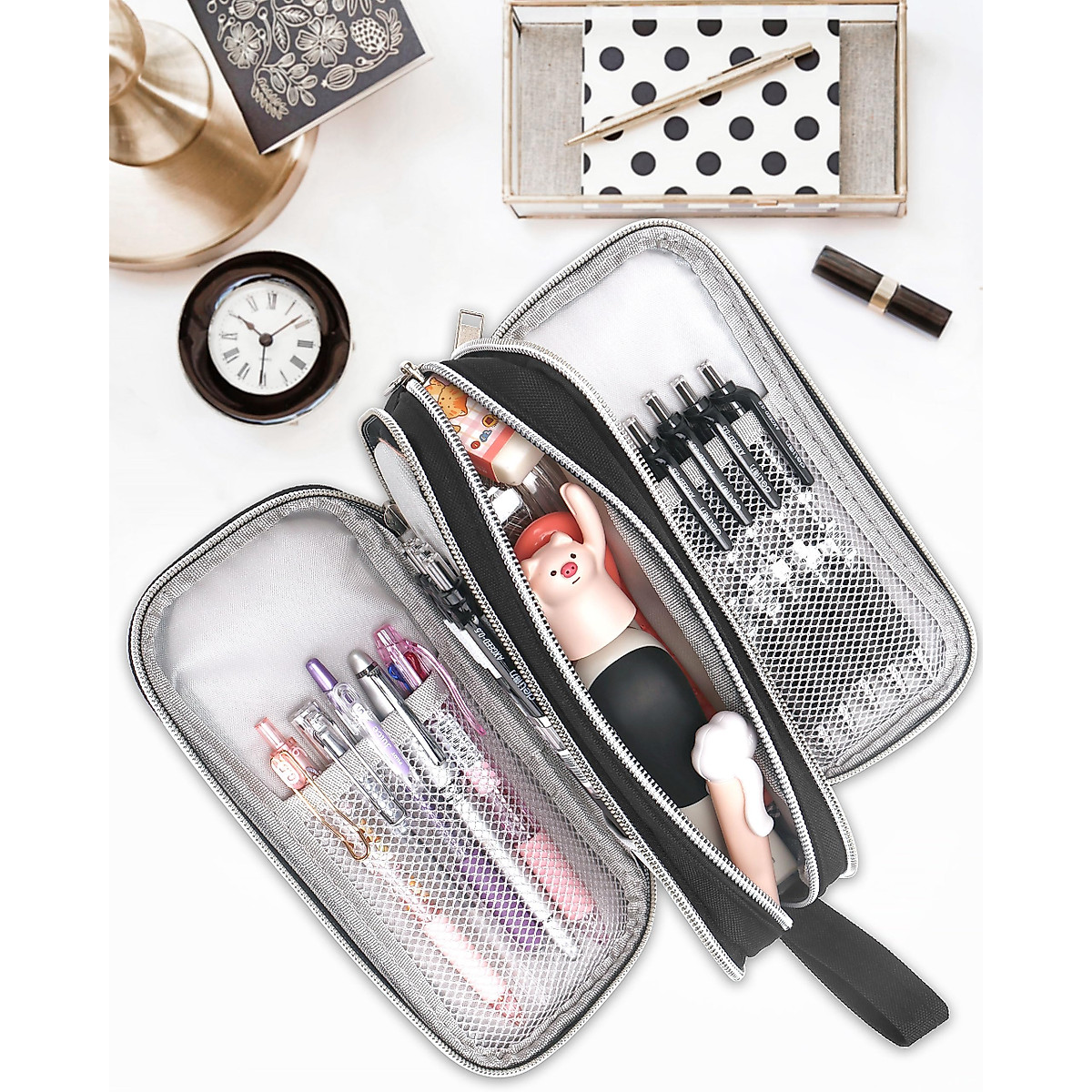 Large Capacity Pencil Case, Expandable Zipper Pencil Pouches, 3 Compartments Canvas Pencil Box, Cute Pencil Pouch, Ortable Stationery Pen Bag for Work And Study