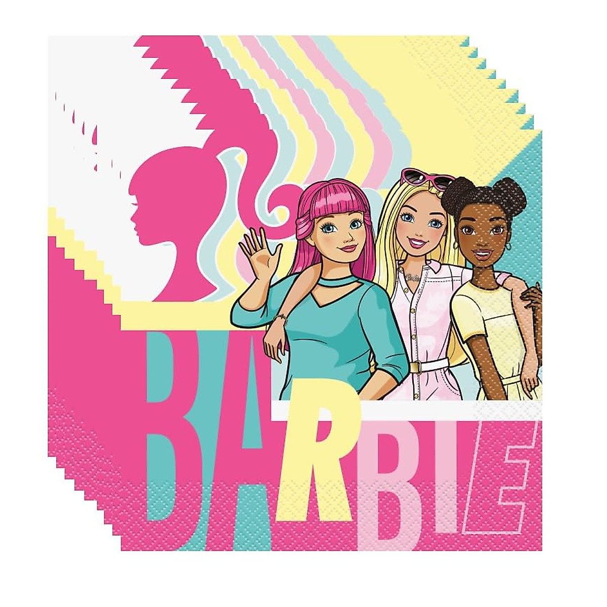 Barbie Birthday Party Supplies Bundle includes 16 Lunch Plates, 16 Napkins, 1 Table Cover, 1 Banner, 16 Loot Bags, 1 Dinosaur Sticker Sheet